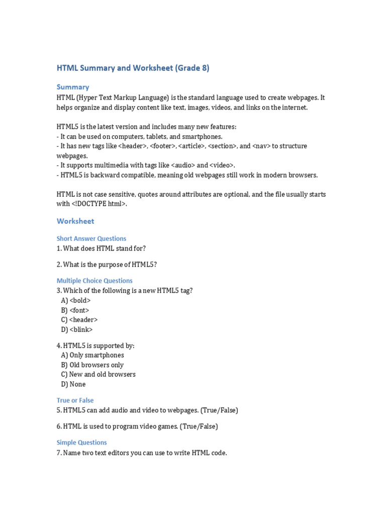 HTML5 Overview and Worksheet for Grade 8 | PDF
