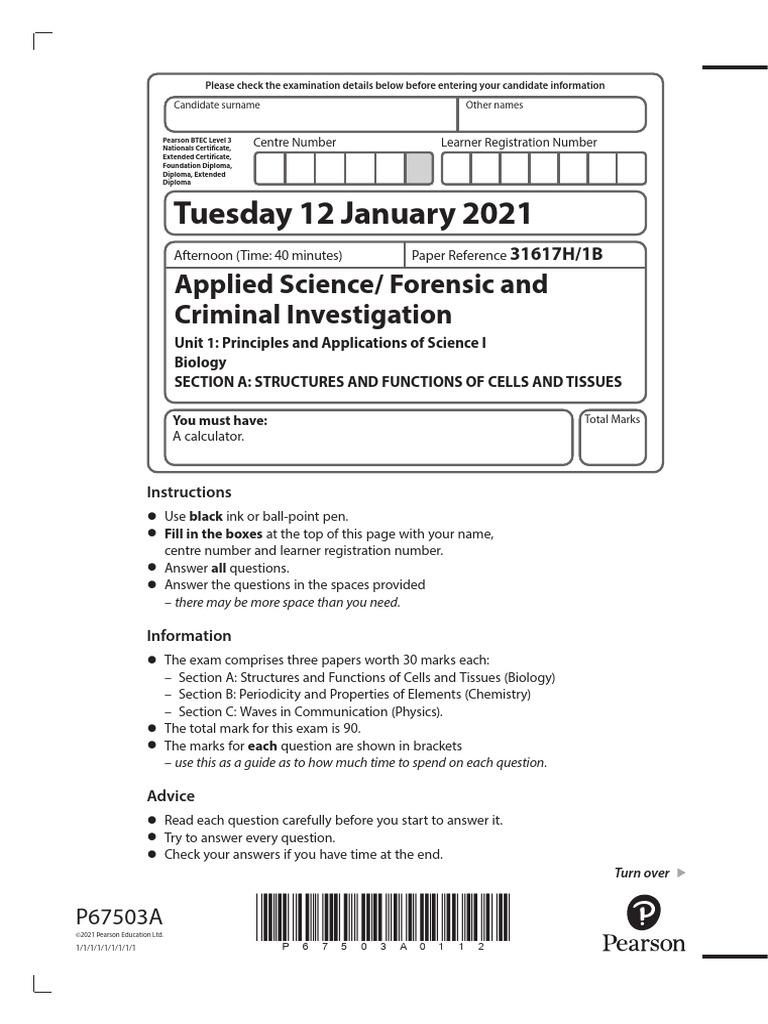 BTEC Applied Science Unit 1 Exam Paper | PDF | Chemical Synapse | Biology