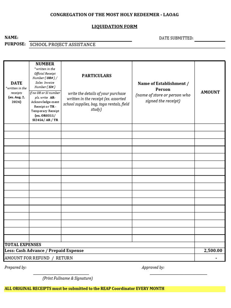 School Project Assistance Liquidation Form | PDF