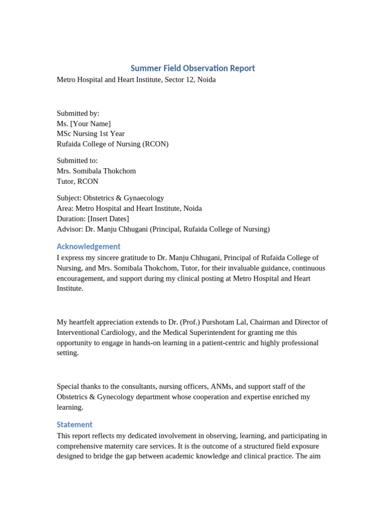 Metro Hospital Nursing Field Report | PDF | Childbirth | Neonatal ...
