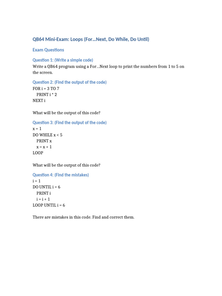 QB64 Loops Mini-Exam Questions | PDF