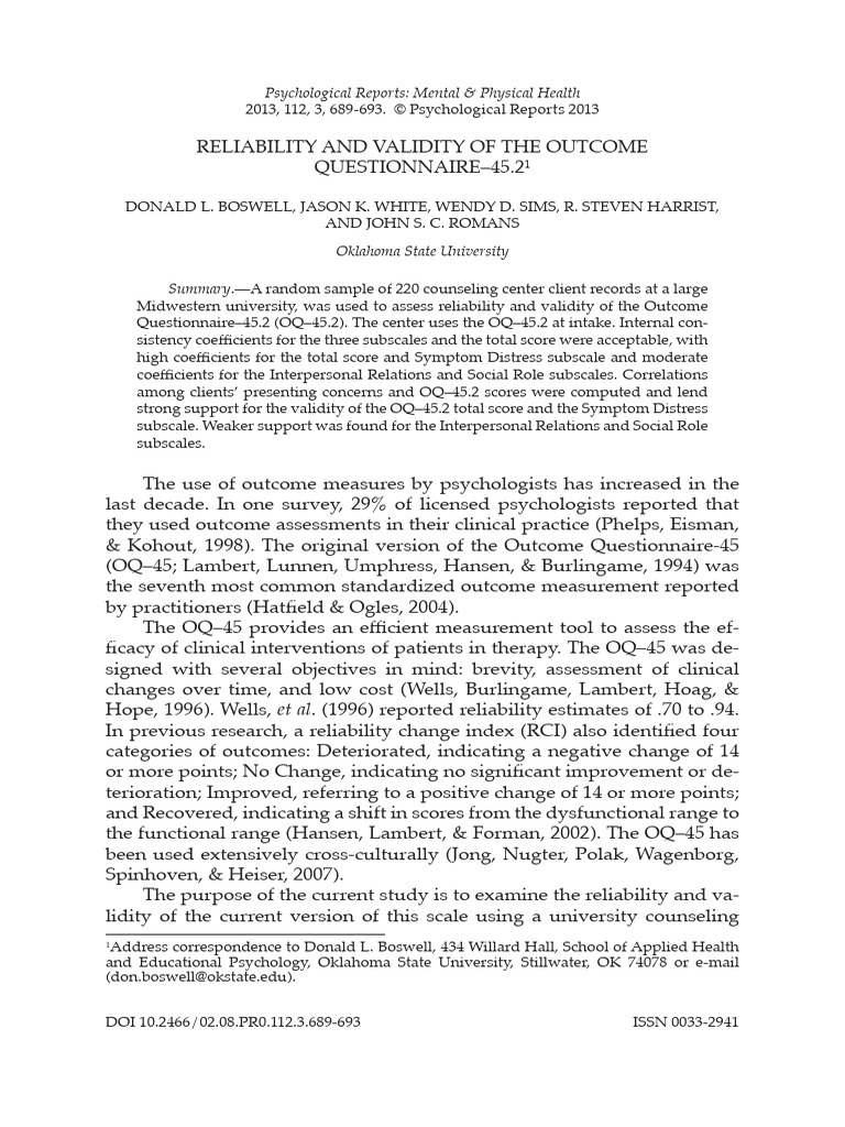 OQ-45.2 Reliability and Validity Study | PDF | Psychometrics | Validity ...