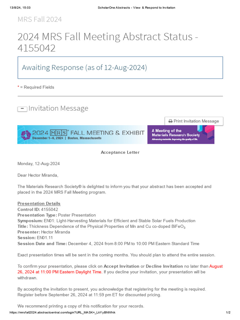 ScholarOne Abstracts - View & Respond To Invitation | PDF