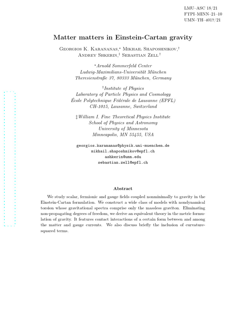 2106.13811v2matter Matters in Einstein-Cartan Gravity | PDF ...