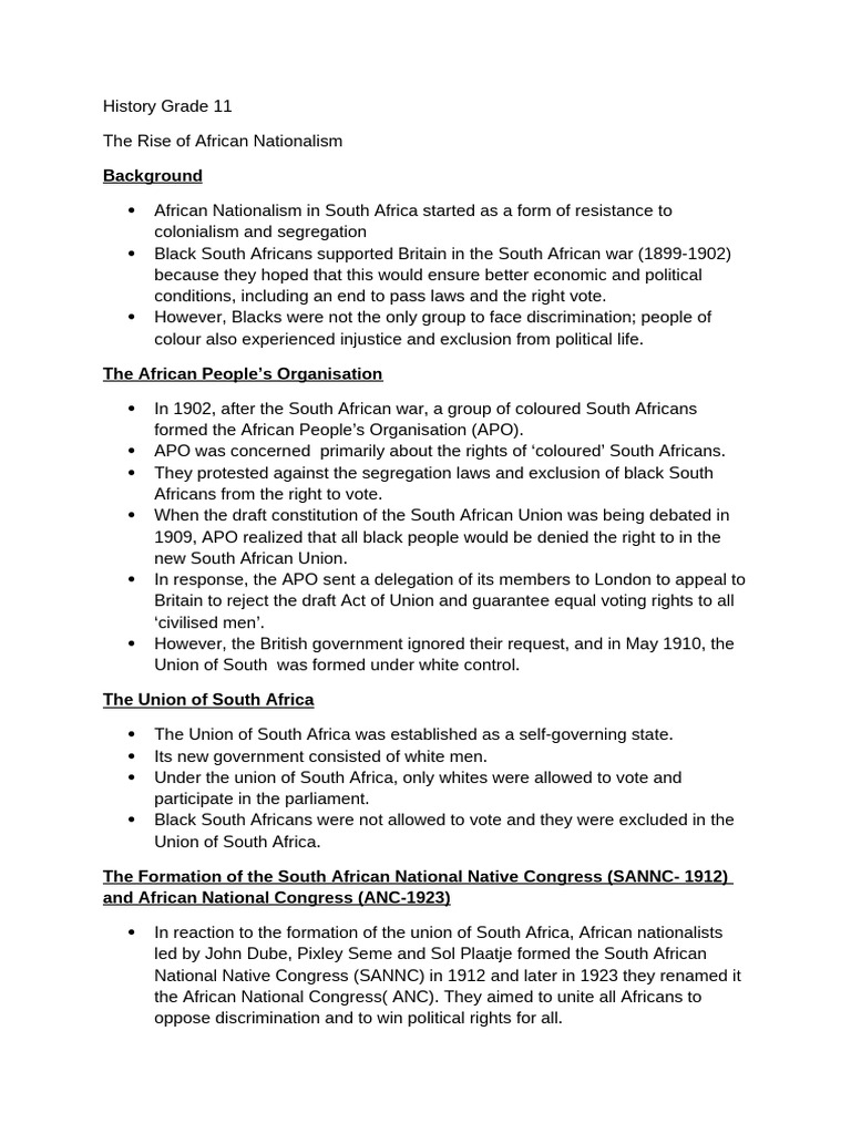 The Rise of African Nationalism Notes | PDF | African National Congress ...