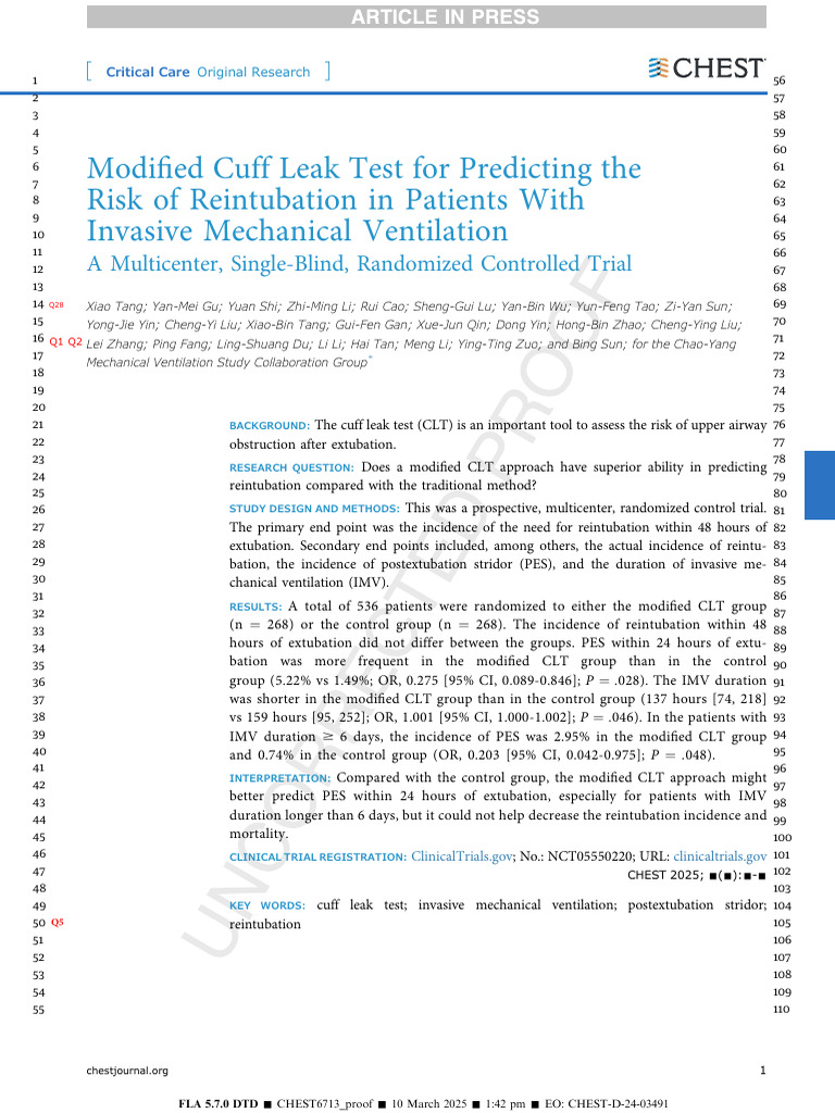 Modi Ed Cuff Leak Test For Predicting The Risk of Reintubation in ...