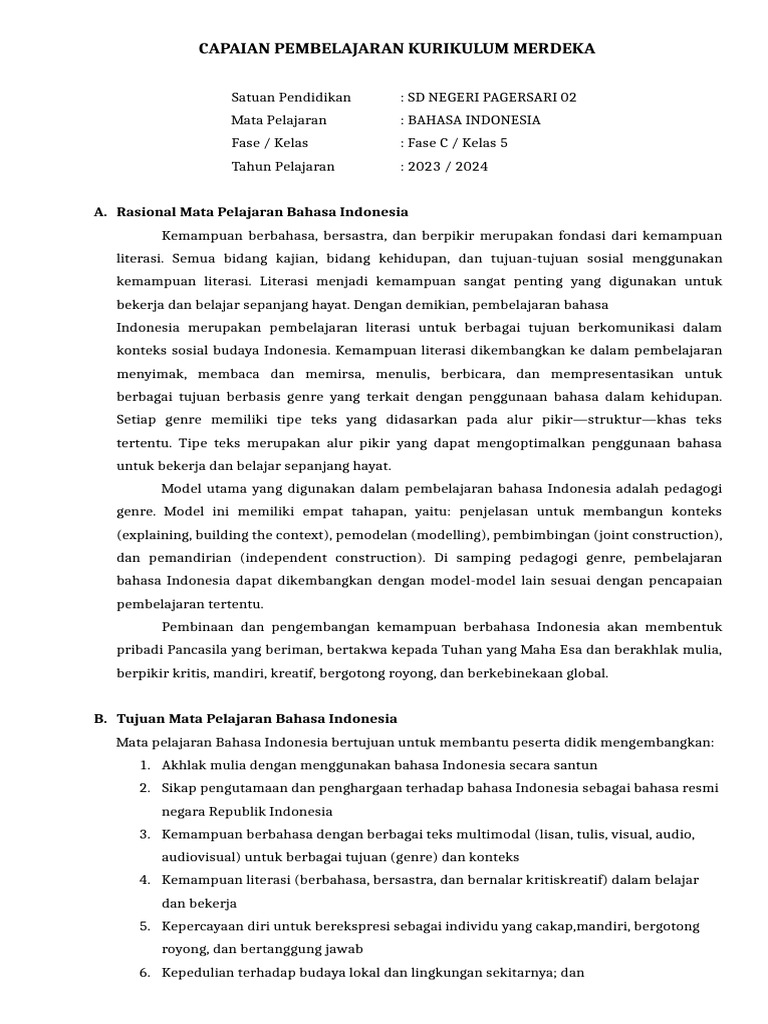 CAPAIAN PEMBELAJARAN KURIKULUM MERDEKA | PDF