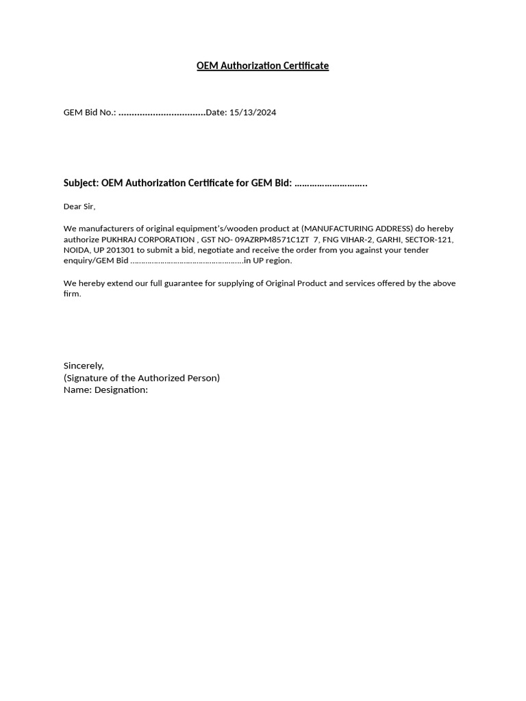 OEM Authorization Certificate for GEM Bid | PDF