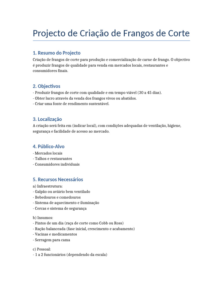 Projecto Criacao Frangos Corte | PDF
