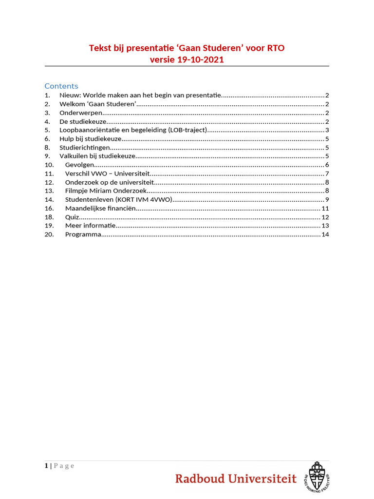 Tekst Bij RTO Gaan Studeren Presentatie | PDF