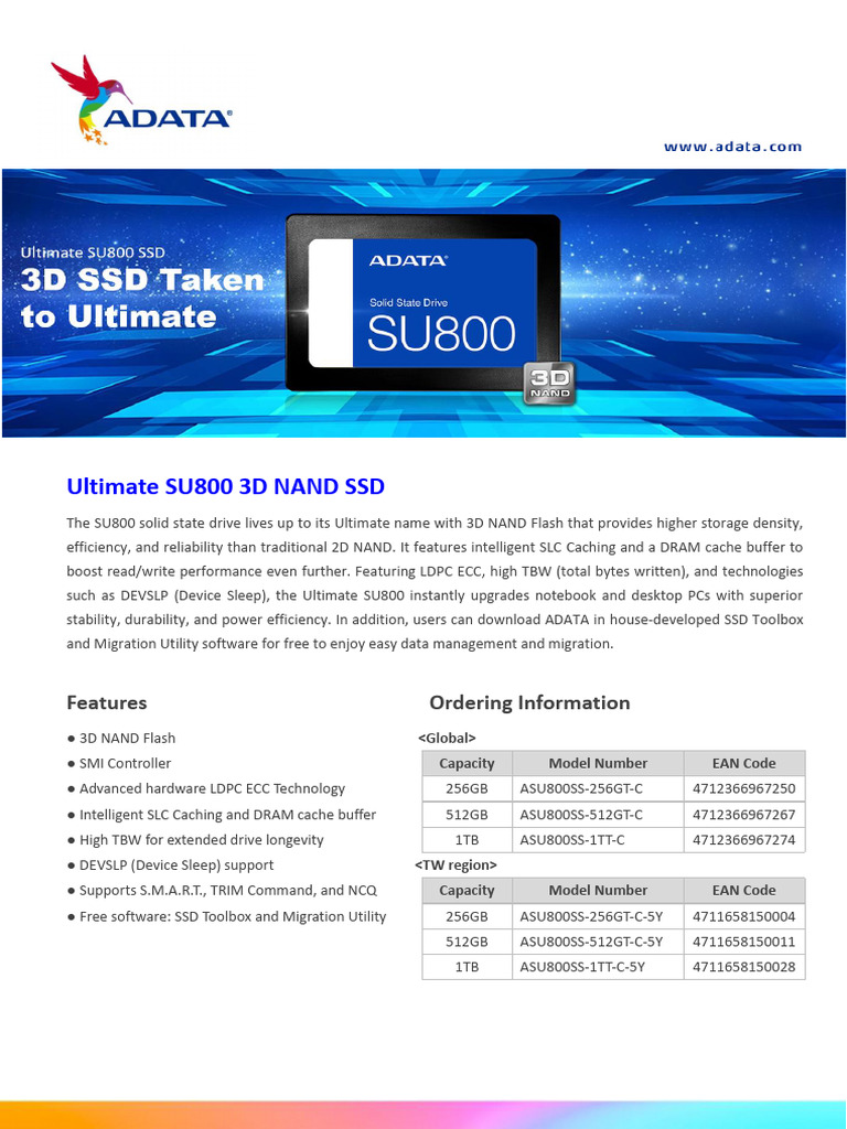 Datasheet Su800 25 Inch Sata SSD en 202410151728964641 | PDF | Solid State Drive | Flash Memory