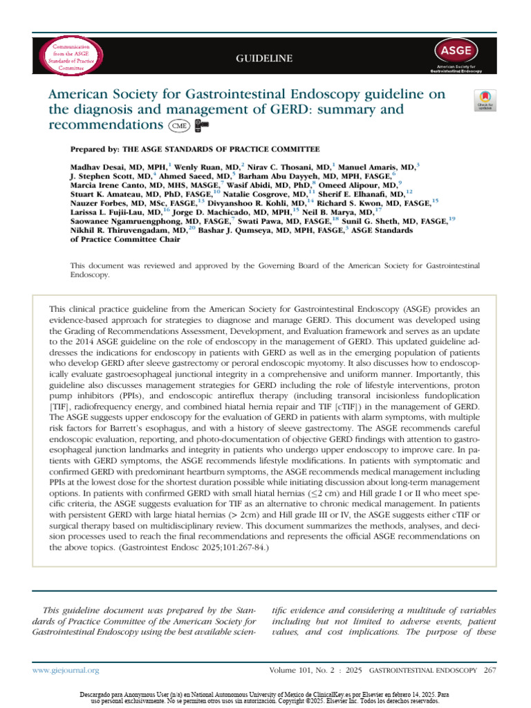 American Society For Gastrointestinal Endoscopy Guideline On ERGE | PDF ...