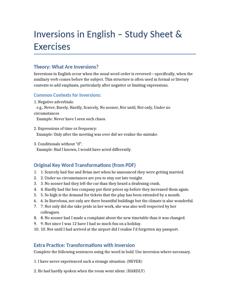 Inversions Worksheet With Gaps and Answers | PDF | Cognitive Science | Language Mechanics