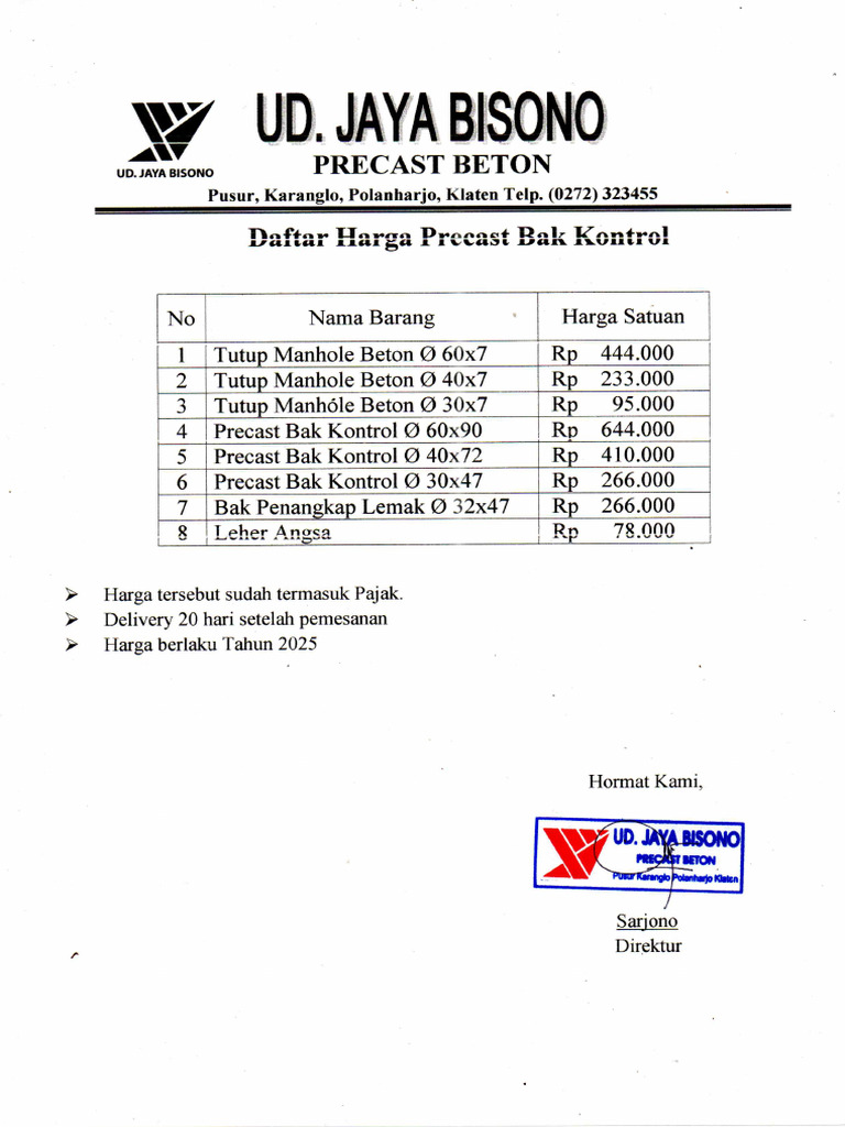 Daftar Harga Precast UD Jaya Bisono 2025 | PDF