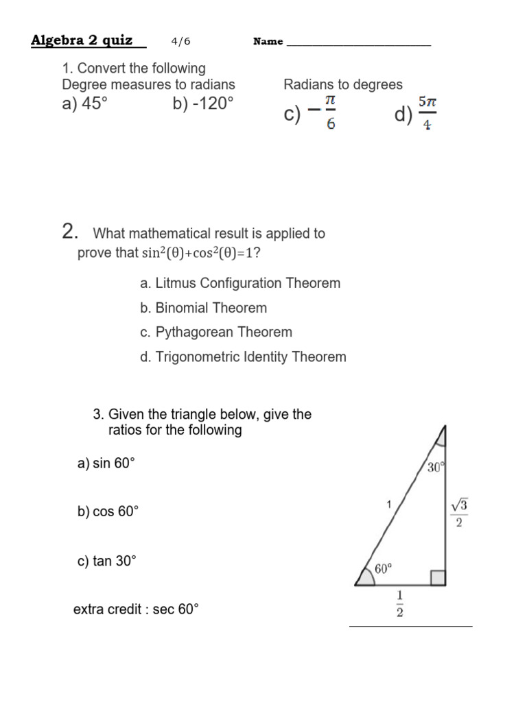 Algebra 2 Quiz: Trigonometry & Radians | PDF