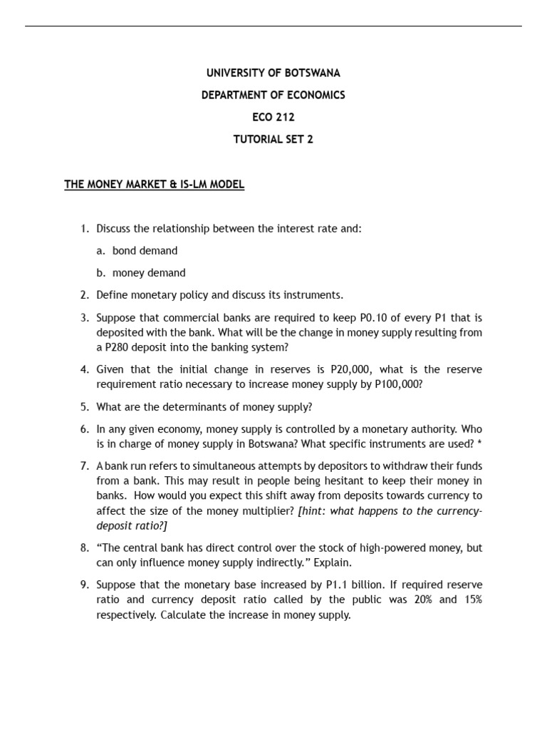 ECO 212 Tutorial Set 2 2024 2025 PDF | PDF | Money Supply | Demand For Money