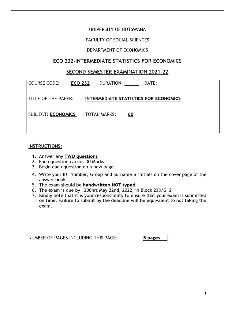 Eco 232 Main Exam May 2022 PDF | PDF | Variance | Standard Deviation