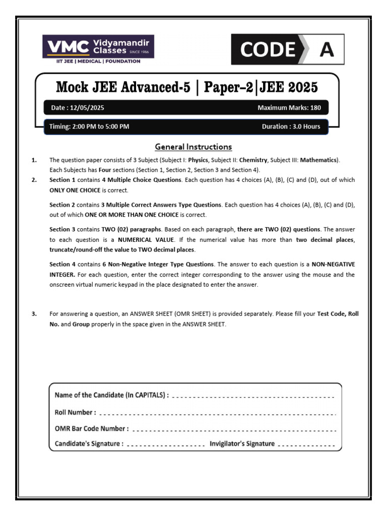 Mock JEE Advanced-5 Paper-2 | PDF | Numbers | Refraction