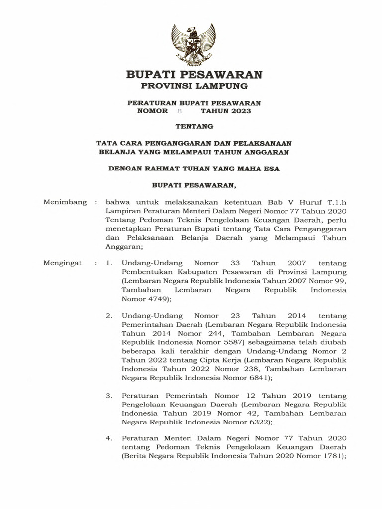 Perbup Pesawaran No 8 Tahun 2023 | PDF