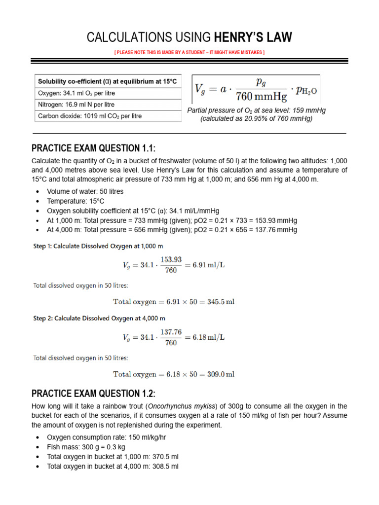 Henry's Law Calculations | PDF | Oxygen | Solubility