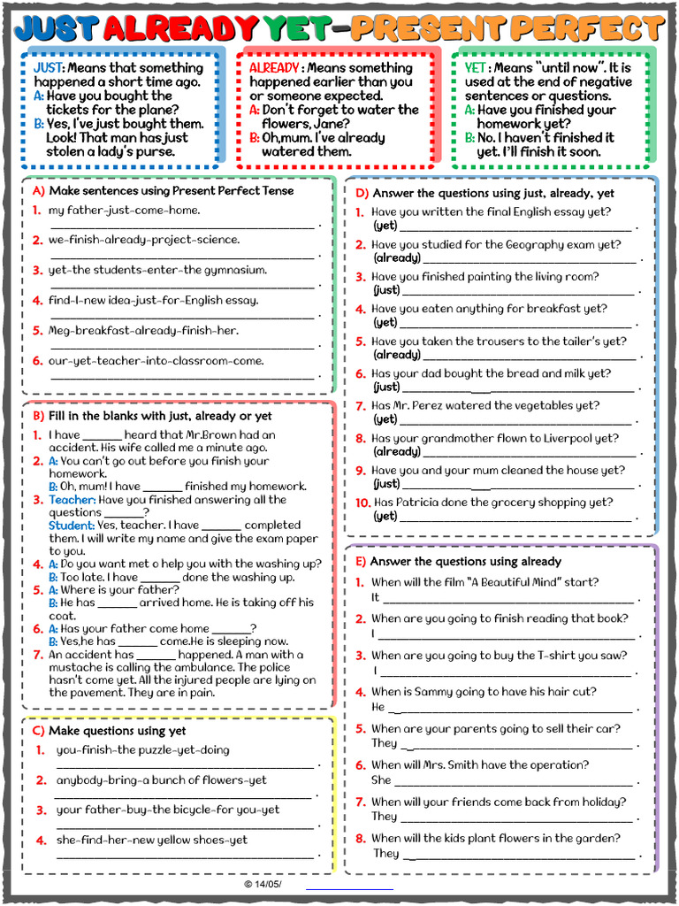 Present Perfect Tense Just Already Yet Esl Printable Exercises ...