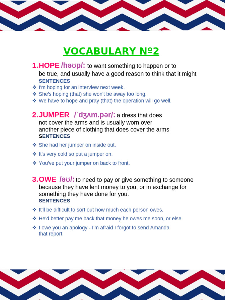 Vocabulary List: Hope, Jumper, Owe | PDF