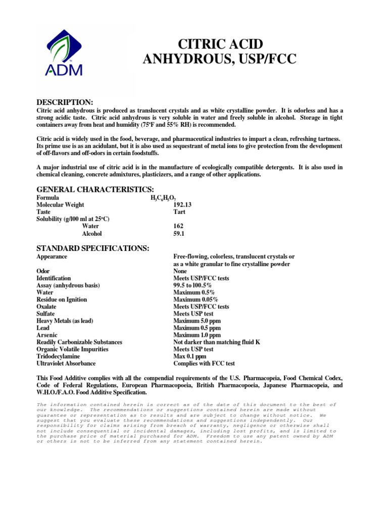 CA-001 Citric Acid Anhydrous Specification | PDF | Chemical Substances ...