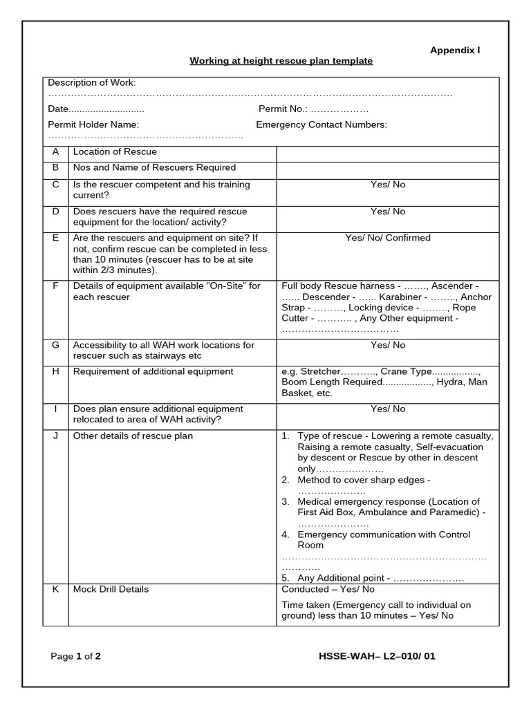 Appendix I - Working at Height Rescue Plan Template | PDF | Emergency Services | Emergency ...