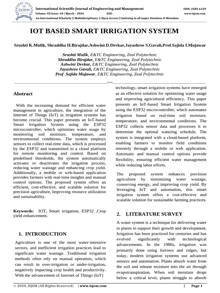 Research Paper of IoT Based Smart Irrigation System | PDF | Internet Of Things | Automation