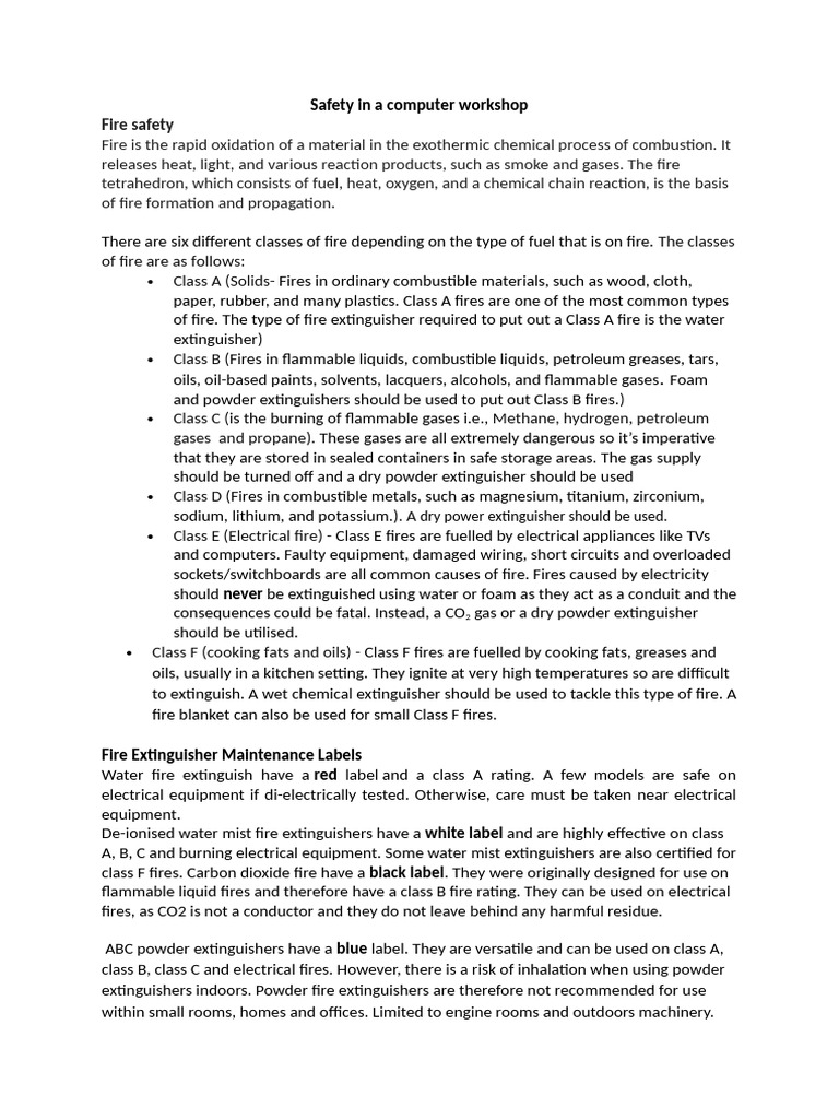 Computer Workshop Fire Safety Guide | PDF | Electromagnetic ...