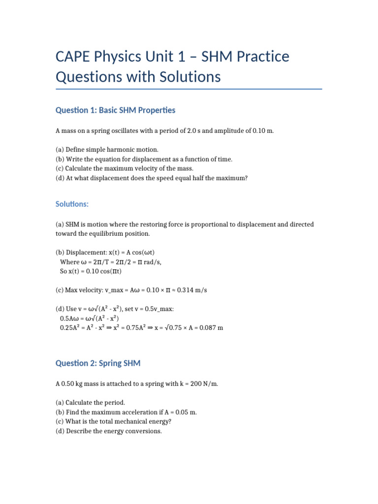 CAPE Physics Unit1 SHM Questions and Solutions | PDF | Quantity | Physical Quantities