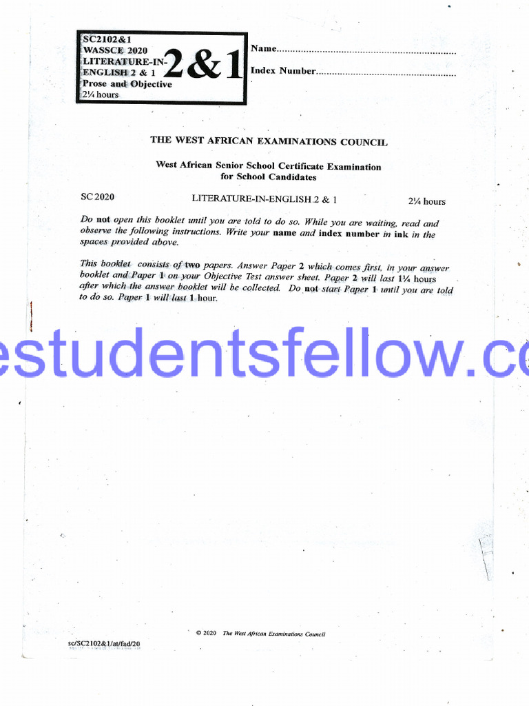 WASSCE Literature in English Past Questions 2020 | PDF