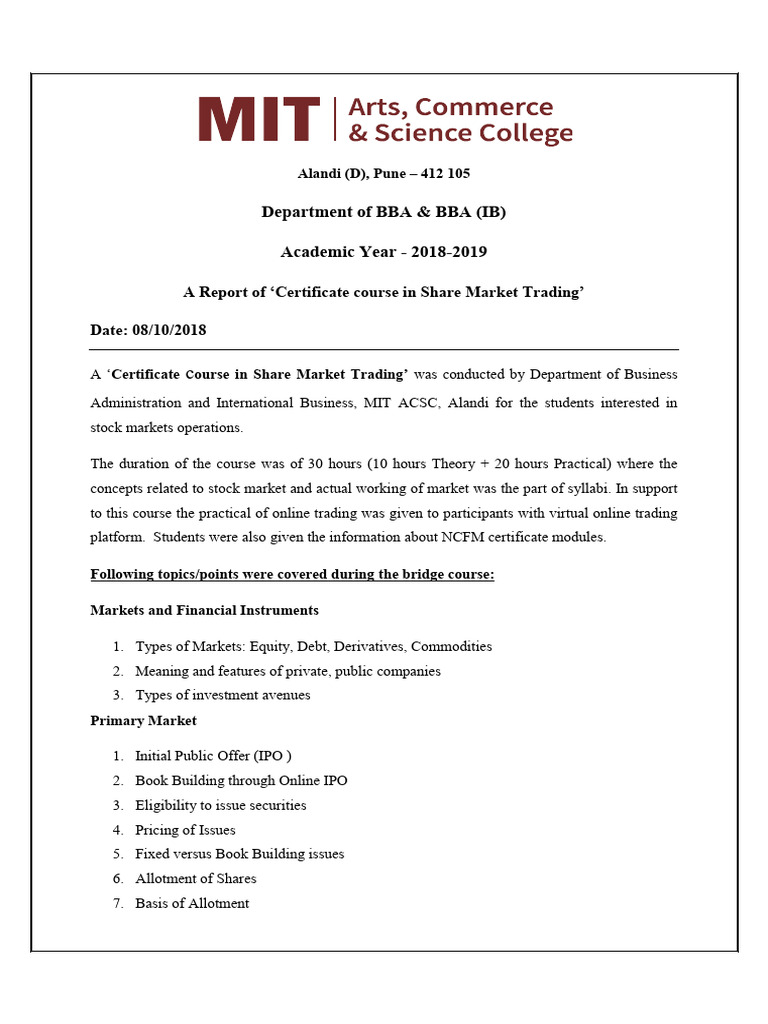 BBA-Certificate Course in Share Market Trading | PDF | Stocks ...