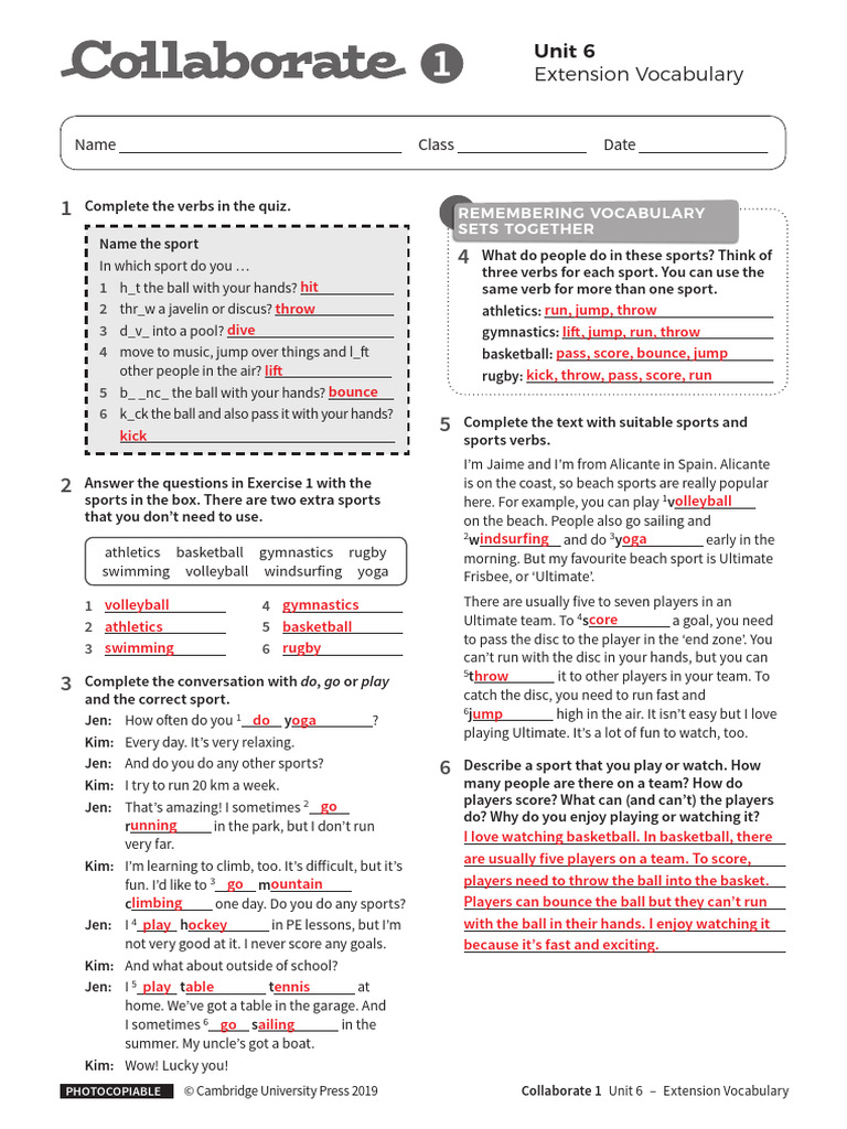 COL - TRB1 - Vocabulary - Extension Unit 6 - With Answer | PDF | Sports ...