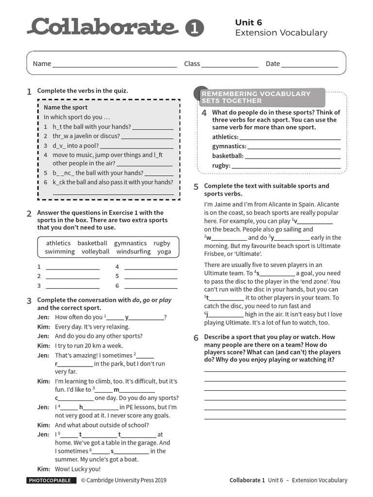 COL - TRB1 - Vocabulary - Extension Unit 6 | PDF | Athletic Sports | Sports