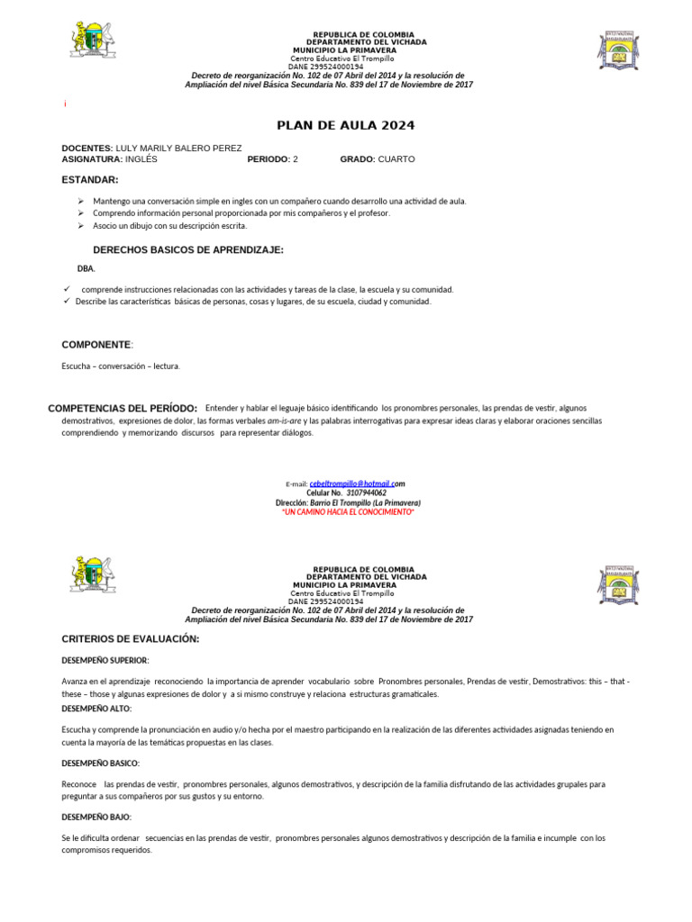 Plan Aula P2. Ingles 4° | PDF | Lingüística