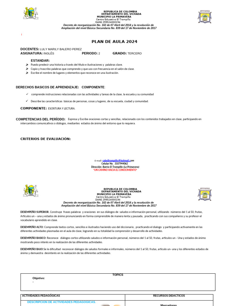 Plan Aula P2. Ingles 3° | PDF | Aprendizaje