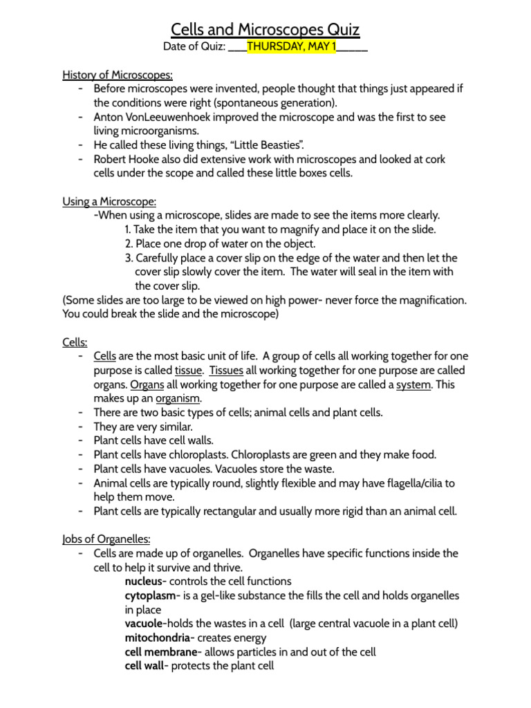 Cells - Microscopes Study Guide | PDF | Cell (Biology) | Organelle