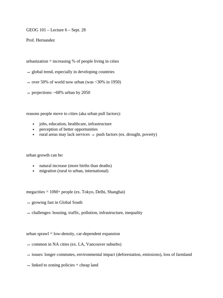 GEOG 101 Lecture On Urbanization and Settlement Patterns | PDF