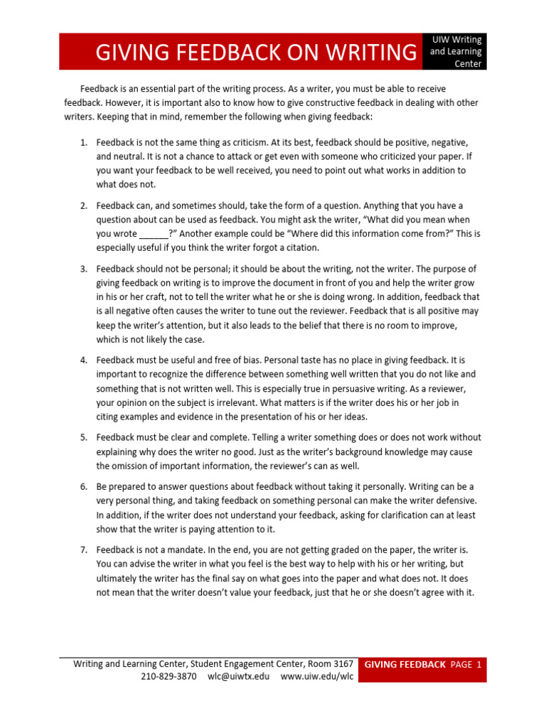 Giving Feedback On Writing | PDF | Human Communication | Cognitive Science