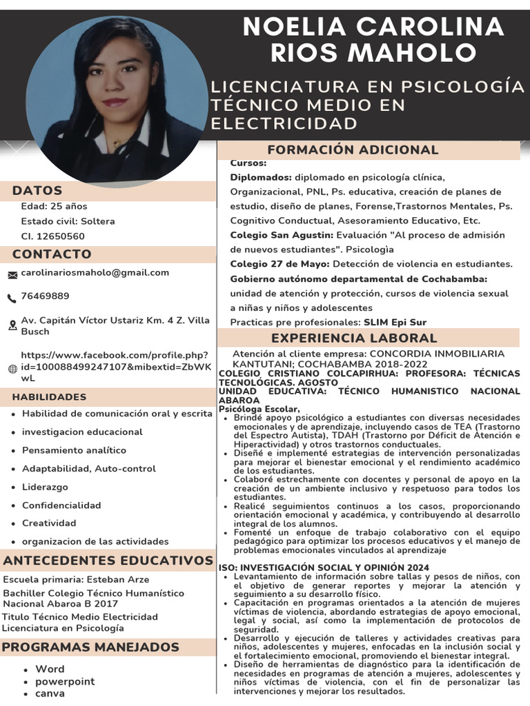 Cv. Noelia Carolina Rios Maholo | PDF | Sicología | Desorden hiperactivo y deficit de atencion