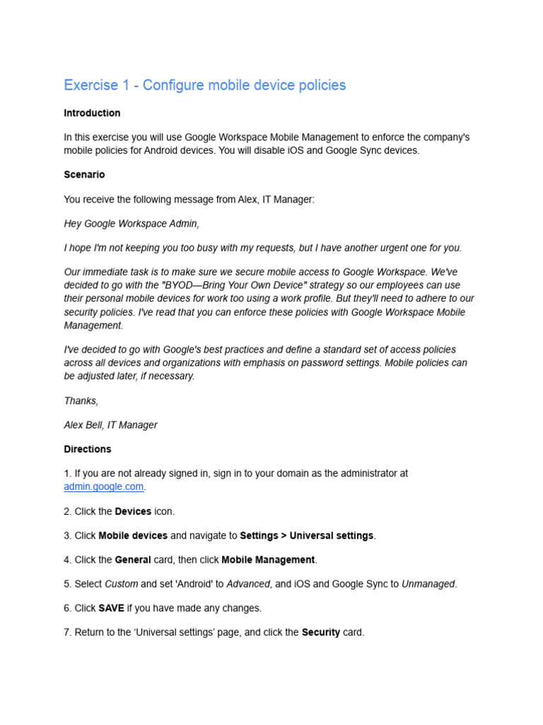 02 Exercise 1 Configure Mobile Device Policies Exercise 1 Configure Mobile Device Policies