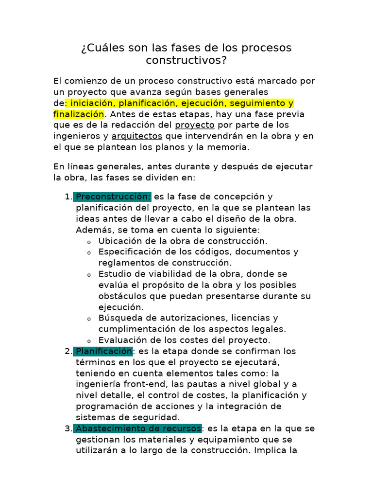 Cuáles Son Las Fases de Los Procesos Constructivos | PDF | Planificación | Fundación (Ingeniería)