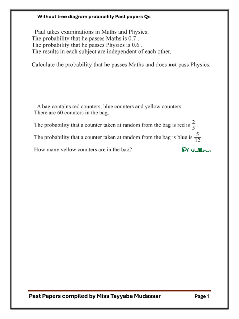 Without Tree Diagram Probability Past Papers Qs WS | PDF