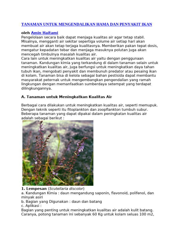TANAMAN UNTUK MENGENDALIKAN HAMA DAN PENYAKIT IKAN | PDF