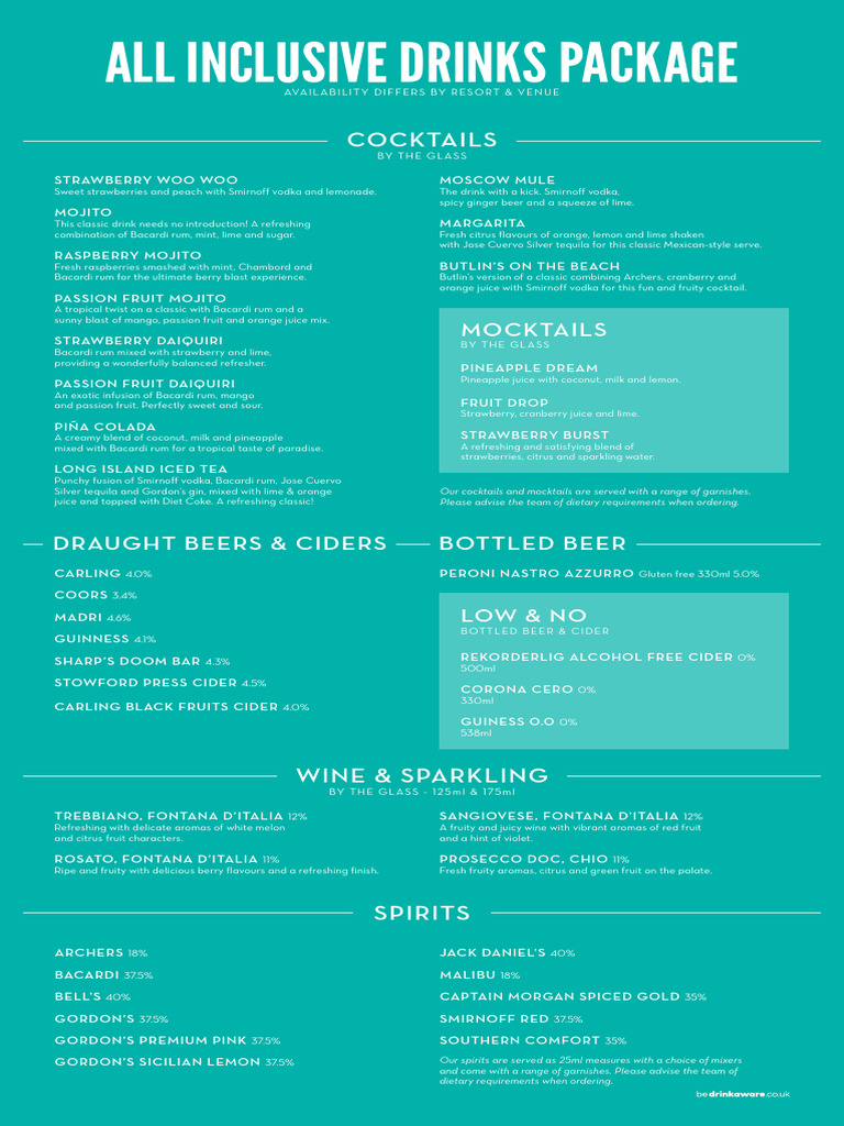 All Inclusive Drinks Menu 2025 | PDF | Lime (Fruit) | Drink