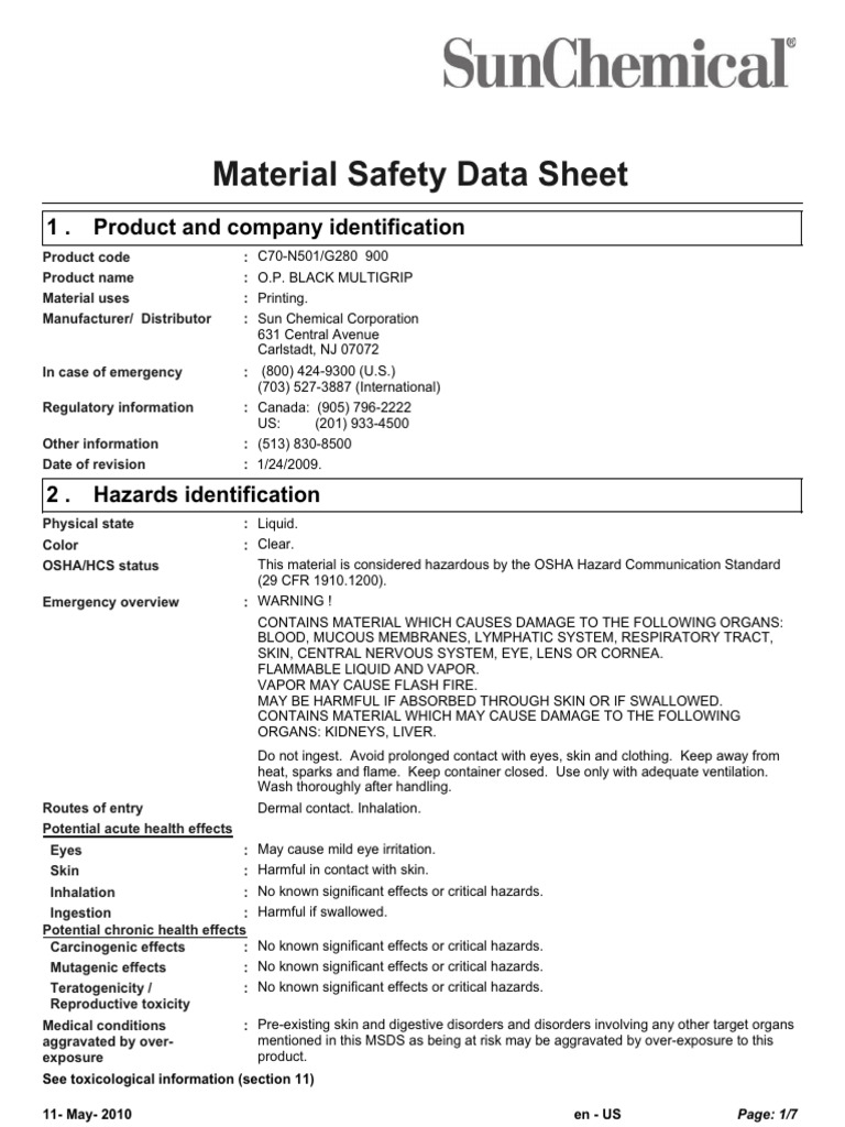 Sun Chemical C70 Ink MSDS | PDF | Occupational Safety And Health | Safety