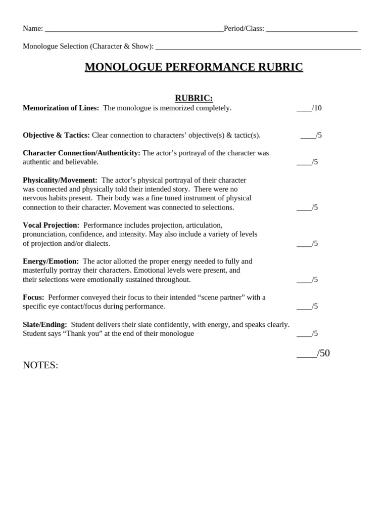 Audition Monologue Rubric TH B | PDF