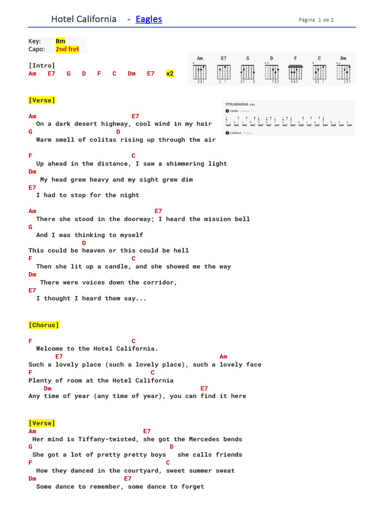 Acordes De Hotel California Tuning: Standard, Capo: Fret 2, O = Wrist