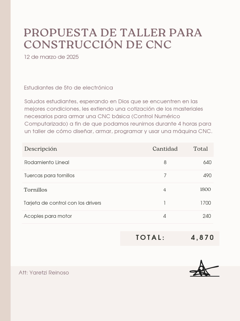Cotización para Taller de Construcción de CNC | PDF